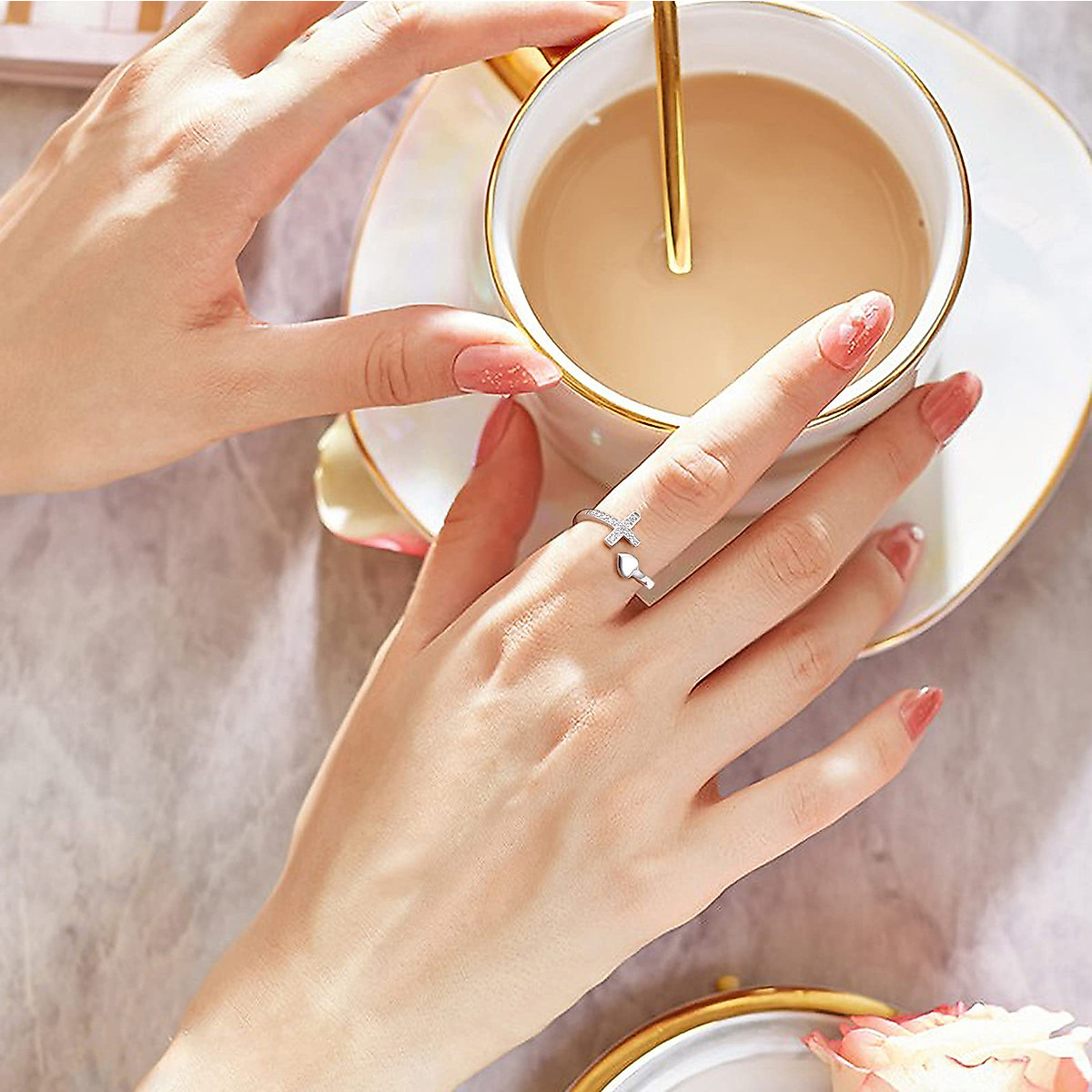 Yearace Cross Rings 925 Sterling Silver CZ Adjustable Faith Hope Love Cross Open Ring for Women Men Sideways Cross Christian Religious Stackable Ring- US Size 6