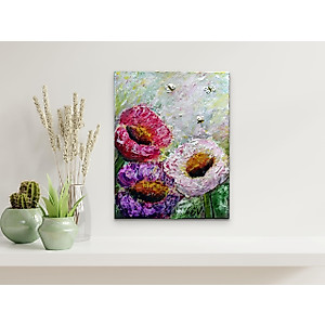 Bees and Flowers, Boho Whimsy Colorful Botanical Floral Oil Painting, BEE FARM