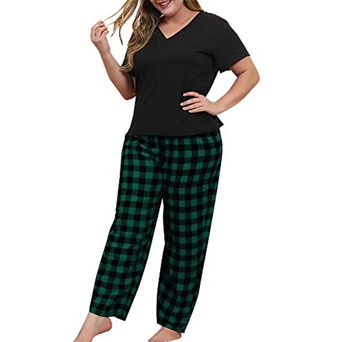 KAMONG Women Plus Size Pajamas Set Plaid Lounge Pants V-Neck Long/Short Sleeve Cotton T Shirt 2 Piece Sleepwear Green