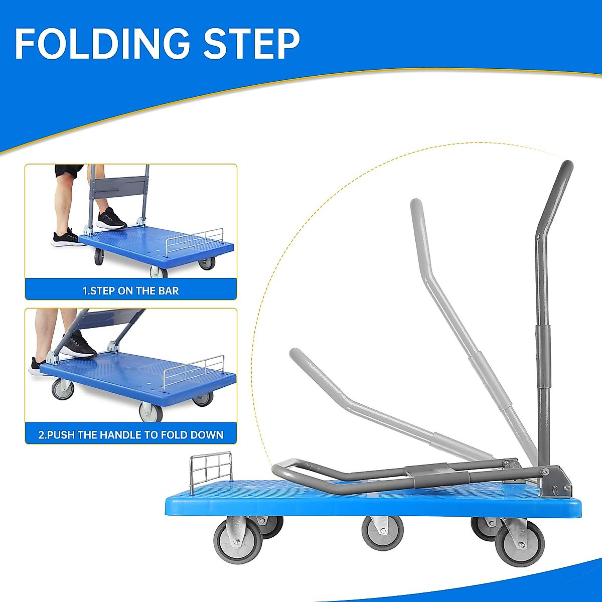 Platform Truck Dolly Cart Folding Platform Cart with 1320 lbs Weight Capacity and 360 Degree Swivel Wheels, 41" L x 24" W Foldable Push Hand Cart for Loading and Storage, 5 Wheels Blue