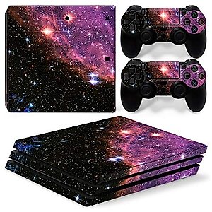 DOMILINA Vinyl Skin Decal Sticker Cover Set for PS4 PRO Console and 2 Controllers - Purple Galaxy