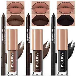 NewBang 3 Colors Dark Black Lipstick and Lipliner,Matte Liquid Lipstick Set,Black Brown Lip Stain Lip Gloss and Lip Liner Waterproof Longlasting Lip Halloween Christmas Makeup(6 pcs)