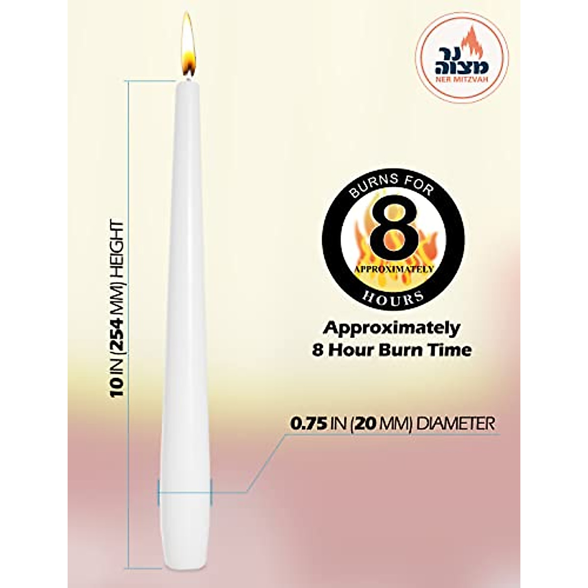 Classic White Taper Candles - 10 Inch – 30 Bulk Pack – for Shabbat, Dinner Tables, Restaurants, Ceremonies and Emergency - 8 Hour Burn Time