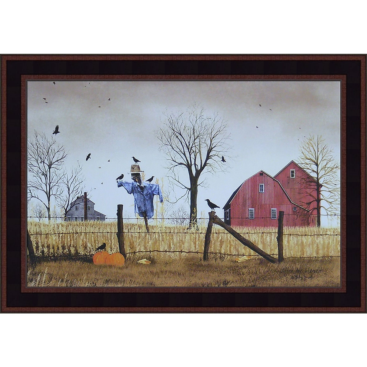 Home Cabin Décor After The Harvest by Billy Jacobs 15x21 Scarecrow Corn Field Barn Farm Pumpkins Crows Autumn Fall Primitive Folk Art Framed Picture