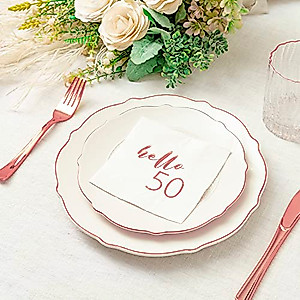 Crisky Rose Gold Hello 50 Cocktail Napkins for Women 50th Birthday Decorations, 3-Ply 50th Birthday Disposable Cake Beverage Dessert Napkins, 50 Pcs