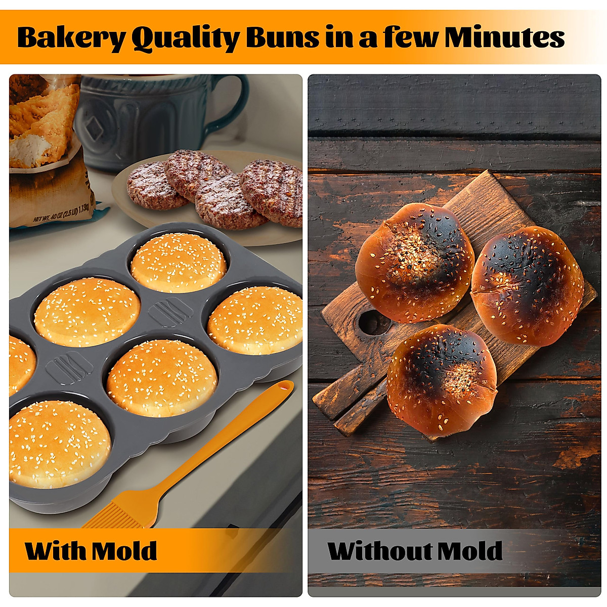 AKS Co Hamburger Bun Pan, Non-Stick Silicone - Oven-Safe, Vented 6-Cavity Baking Mold, Dishwasher Safe with Basting Brush