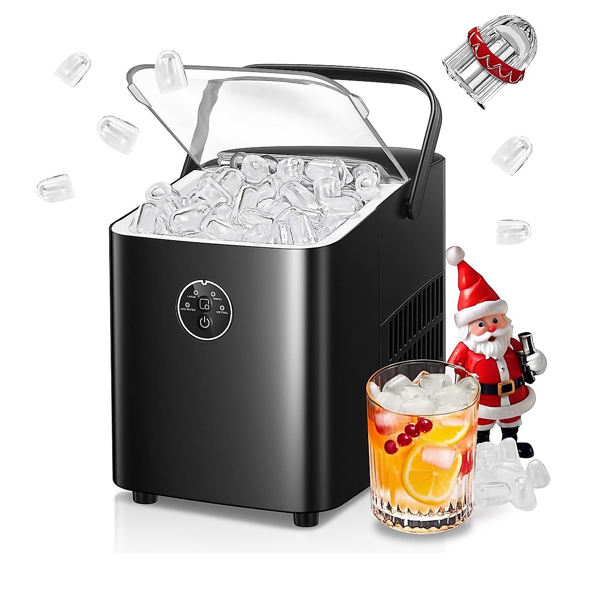 FOHERE Countertop Ice Maker with Handle, Portable Ice Machine Self-Cleaning, 28 lbs in 24Hrs, 2 Sizes of Bullet Ice, Ice Ready in 6 Mins, with Ice Scoop & Basket, for Home/Kitchen/Camping/RV