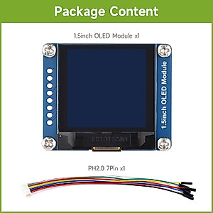 Waveshare 1.5inch OLED Display Module 128x128 Pixels 16-bit Grey Level with Embedded Controller Communicating via SPI or I2C Interface.