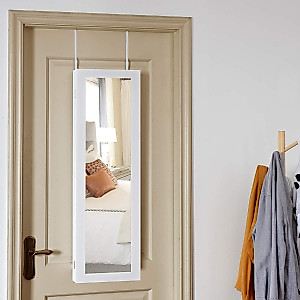 Giantex 12 LEDs Jewelry Armoire Wall Door Mounted, Jewelry Cabinet Organizer with Full-length Mirror, Ring Earring Slots Necklace Hooks and 5 Storage Shelves, Large Storage Capacity