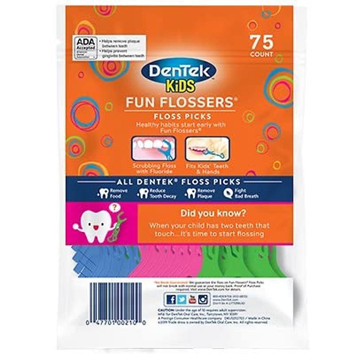 DenTek Kids Fun Flossers Wild Fruit | 75-Count Floss Picks | 2-Pack