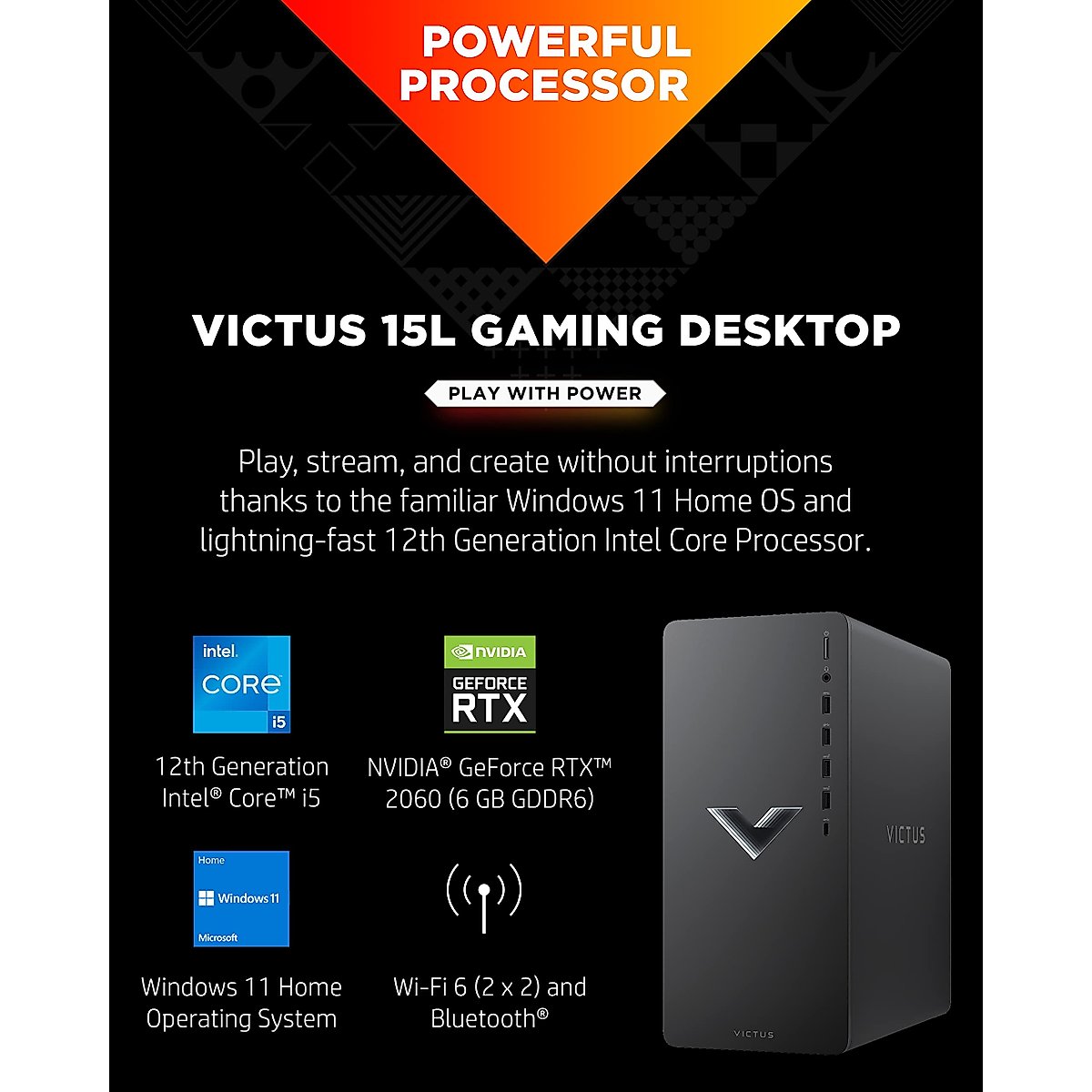 HP Victus 15L Gaming Desktop Computer, NVIDIA GeForce RTX 2060 Graphics, 12th Gen Intel Core Processor, 8 GB SDRAM, 512 GB SSD, Windows 11 Home OS, QuickDrop, Wi-Fi & Bluetooth (TG02-0020, 2022)