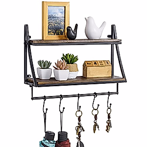 MyGift 2 Tier Wall Mounted Solid Brown Wood Floating Shelf with Metal Frame and 5 Sliding Hooks, Industrial Rustic Bathroom and Kitchen Display Storage Rack