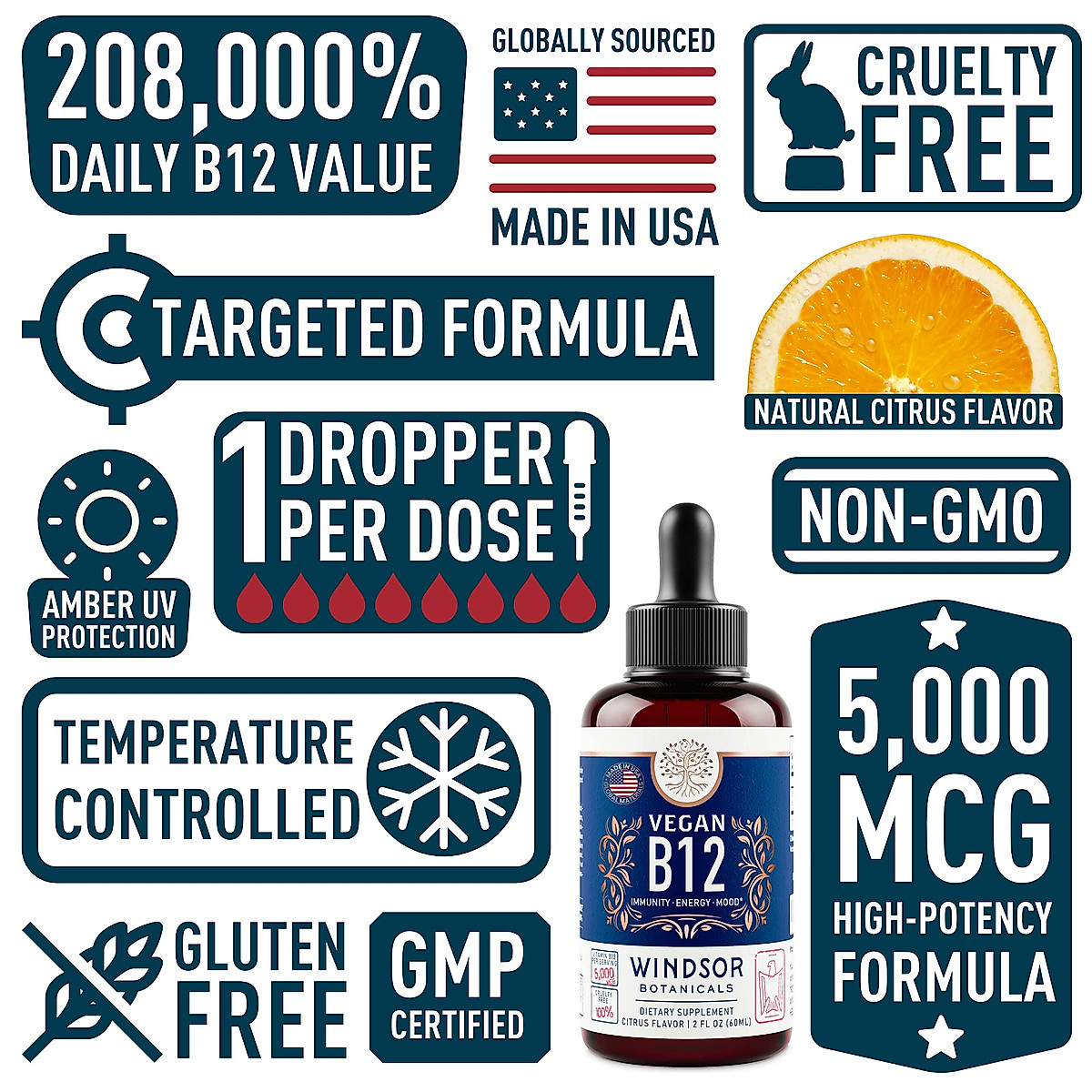 Vegan Vitamin B12 Liquid - Max Strength B12 Vitamins 5000 mcg Methylcobalamin Supplement - Liquid Vitamin B12 Sublingual Drops - Liquid B12 Vitamins Mood, Energy Support - Citrus Flavor B 12, 2oz