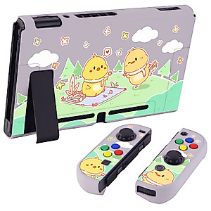 PlayVital Back Cover for Nintendo Switch Console, NS Joycon Handheld Controller Protector Hard Shell, Dockable Protective Case with Colorful ABXY Direction Button Caps - Picnic Fair