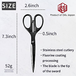 Seki Japan Japanese Multipurpose Scissors, 7.3 inch Fluorine Coating Stainless Steel Blade Office Shears for Cutting Paper Craft Fabric Photos