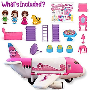 Pink Airplane Toy Private Jet Transport Cargo Vehicle - Big Large Aircraft Plane with Figures and Beauty Accessories Pretend Playset for Toddler Girls