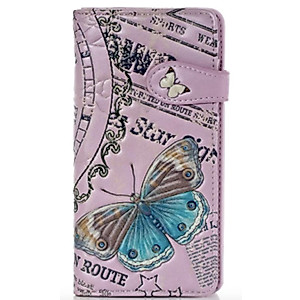 Shag Wear Butterflies Vintage Time Piece Large Fashion Wallet for Women and Teen Girls Vegan Faux Leather 7" Pink