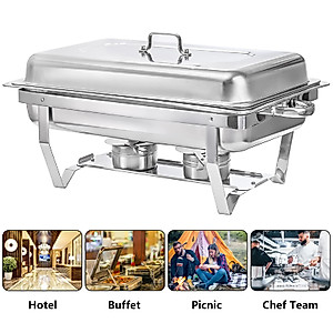 Fasmov Chafing Dish Buffet Set, 8 Quart Stainless Steel Catering Serve Chafer, Restaurant Food Warmer, Rectangular Buffet Stove with 2 Half Size Food Pans and Folding Frame
