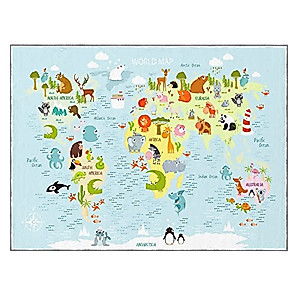 Kids Area Rug World Map Cute Animal Rugs Educational Floor Carpet for Boy Girl Machine Washable Area Rugs for Living Room, Bedroom, Playroom,8' x 10', Blue