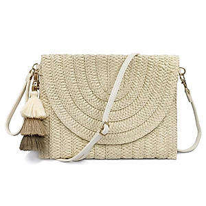 Aovtero Straw Clutch Purse Women Crossbody Bag Summer Beach Shoulder Bags Envelope Wallet Handbags (Beige)