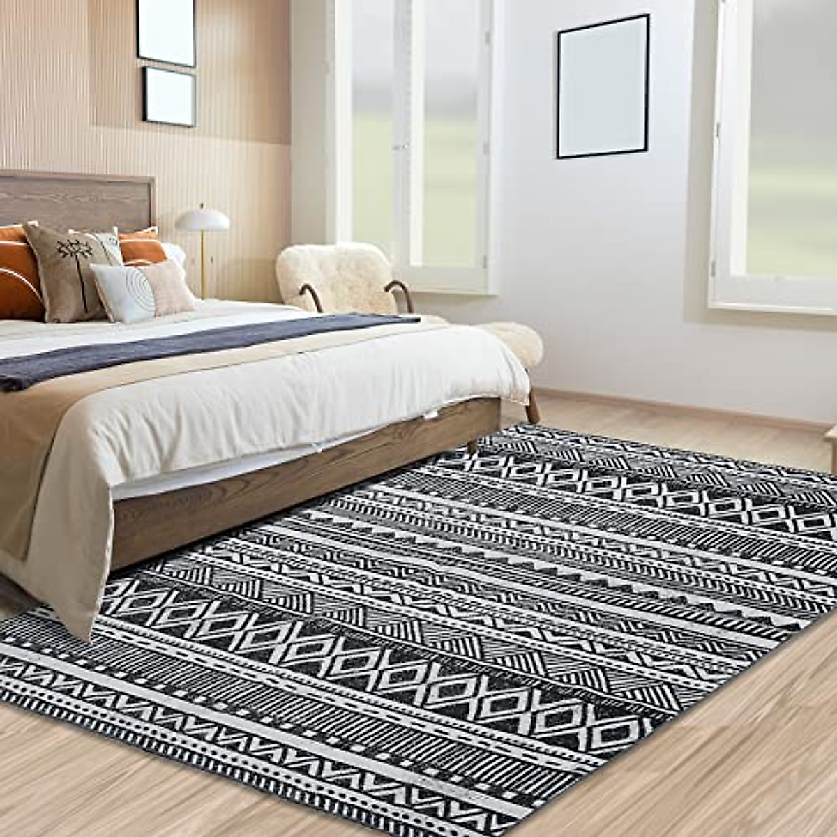 RUGSREAL Boho Moroccan Area Rug 5' x 7' Machine Washable Modern Diamond Carpet Rug Distressed Bohemian Foldable Accent Rug Coffee Table Rug Farmhouse Dining Table Rug Office Bedroom Decor, Black