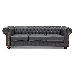 Bellemave Chesterfield Sofa Couch Faux Leather 3-Seater Sofa with Nailhead & Rolled Arms Upholstered Tufted Couches with Rubber Wood Legs for Living Room (Dark Grey)
