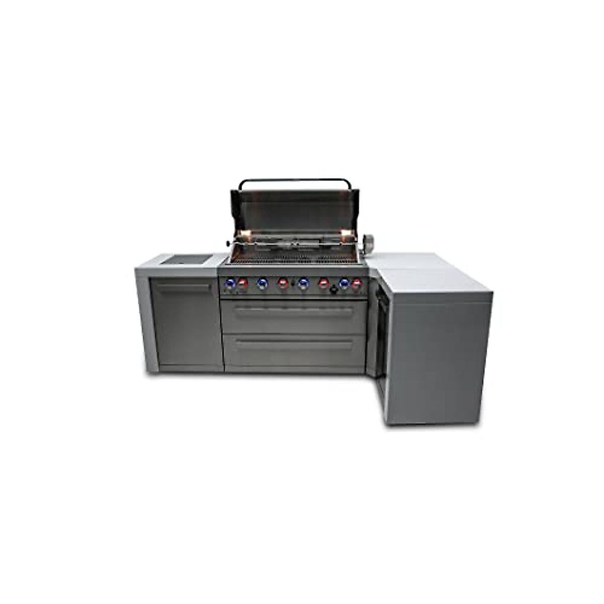 Mont Alpi MAi805-D90 44-inch 6-Burner 115000 BTU 90 Degree Corner Deluxe Stainless Steel Gas Outdoor Kitchen Barbecue Island Grill + Infrared Side & Rear Burners + Granite Countertops + Storage Drawers