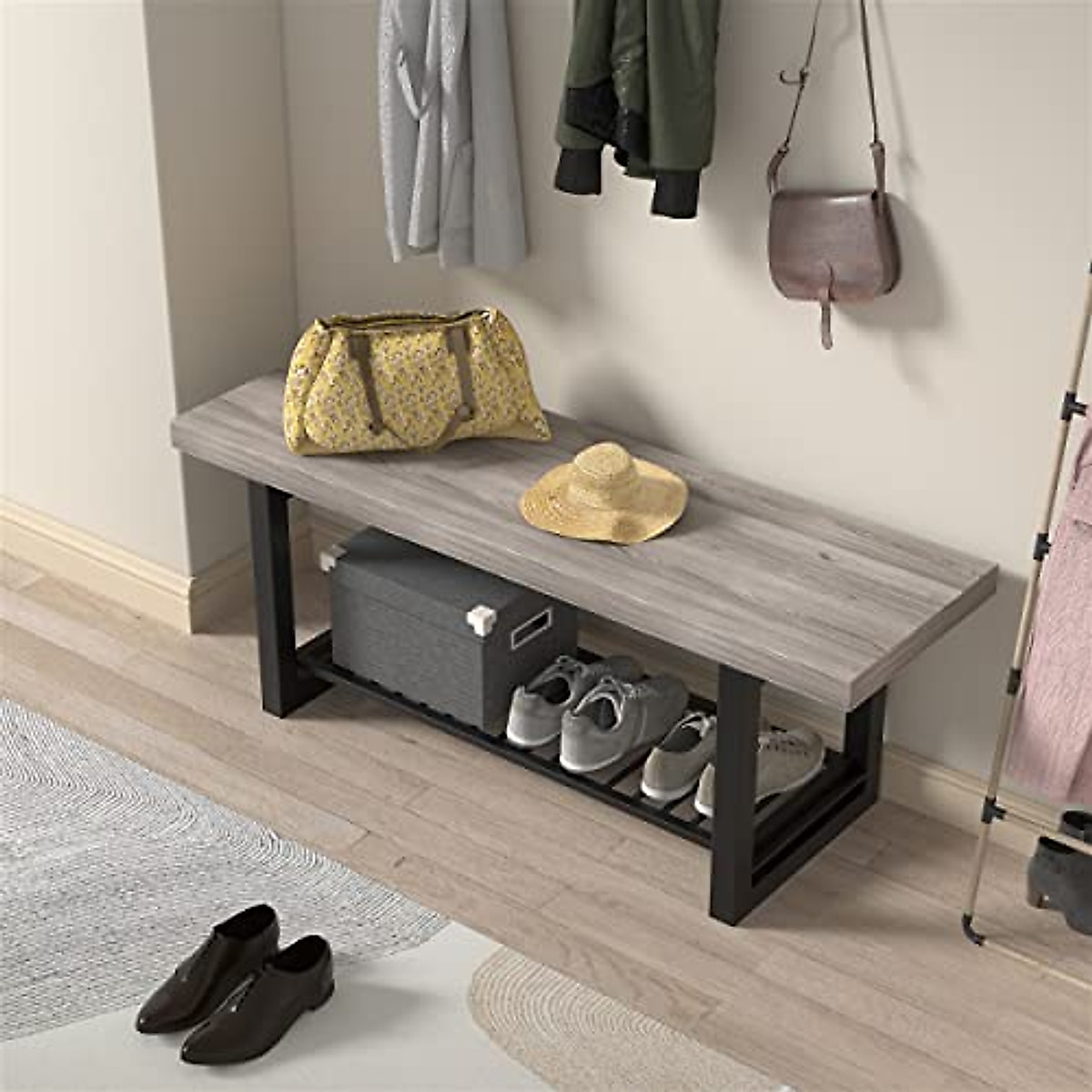 Stuffygreenus 47" Storage Bench, Industrial Indoor Entryway Bench, Wood Metal Hallway Accent Bench for Sitting, Rustic Shoe Rack Organizer Cabinet in Foyer Entrance Bedroom Living Room (Grey)