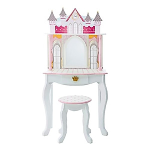 Teamson Kids Dreamland Princess Play Vanity Set with Mirror, Shelf, Storage Drawer, Stool, and Accessories for 12" Dolls, White an Pink