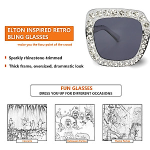 Xpectrum Extra Large Square Elton Crystal Sunglasses Bling Rhinestone Concert Glasses (Silver/Grey)