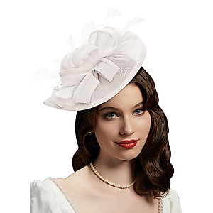 Cizoe Fascinators for Women Tea Party Hats Kentucky Derby Feather Fascinator Headbands Wedding with Hair Clip(A-white)