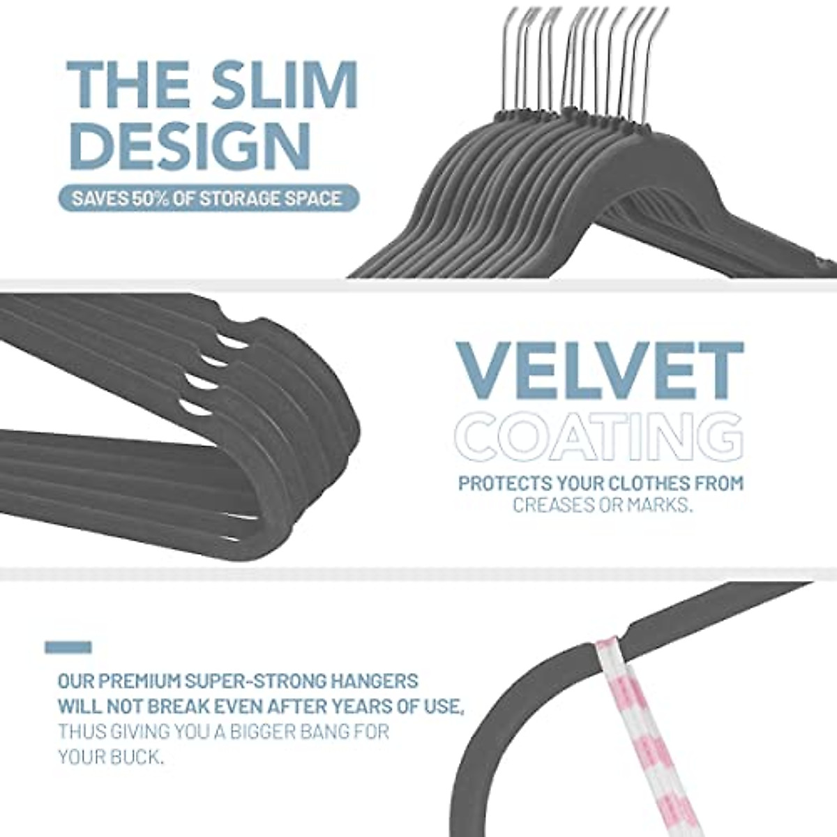 AWENN - Velvet Adults Clothes Hangers for Closet. Non Slip Men and Women Clothing Hangers with 360 Degrees Swivel Hook (Grey, 50 pcs)