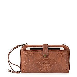The Sak Iris Large Smartphone Crossbody Bag in Leather, Detachable Wristlet Strap, Tobacco Floral Embossed II