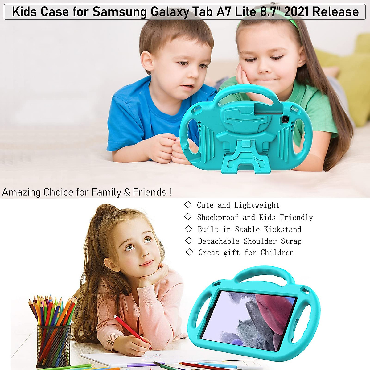 LTROP Shockproof Kids Case for Samsung Galaxy Tab A7 Lite (8.7-inch) 2021 Model SM-T220 / T225 / T227 with Handle Stand & Shoulder Strap, Blue