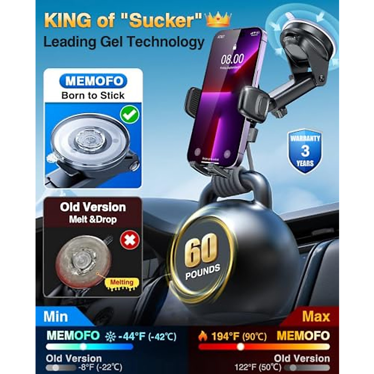 MEMOFO Phone Holders for Your Car【Military Grade Suction Ultra Strong Base】 Phone Mount for Car Windshield Dashboard Air Vent for iPhone, Samsung, Google, Nokia, Other Smartphones