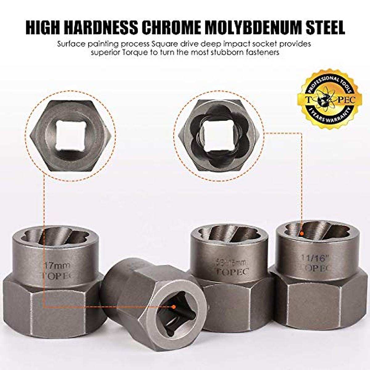 Topec 18-Piece Stripped Nut Remover, 3/8” Drive Impact Extractor Set, Damaged Bolt Nut Remover with Hex Adapter, Perfect Tool Kit for Removing Stripped, Damaged, Rounded off and Rusted Bolts & Nuts