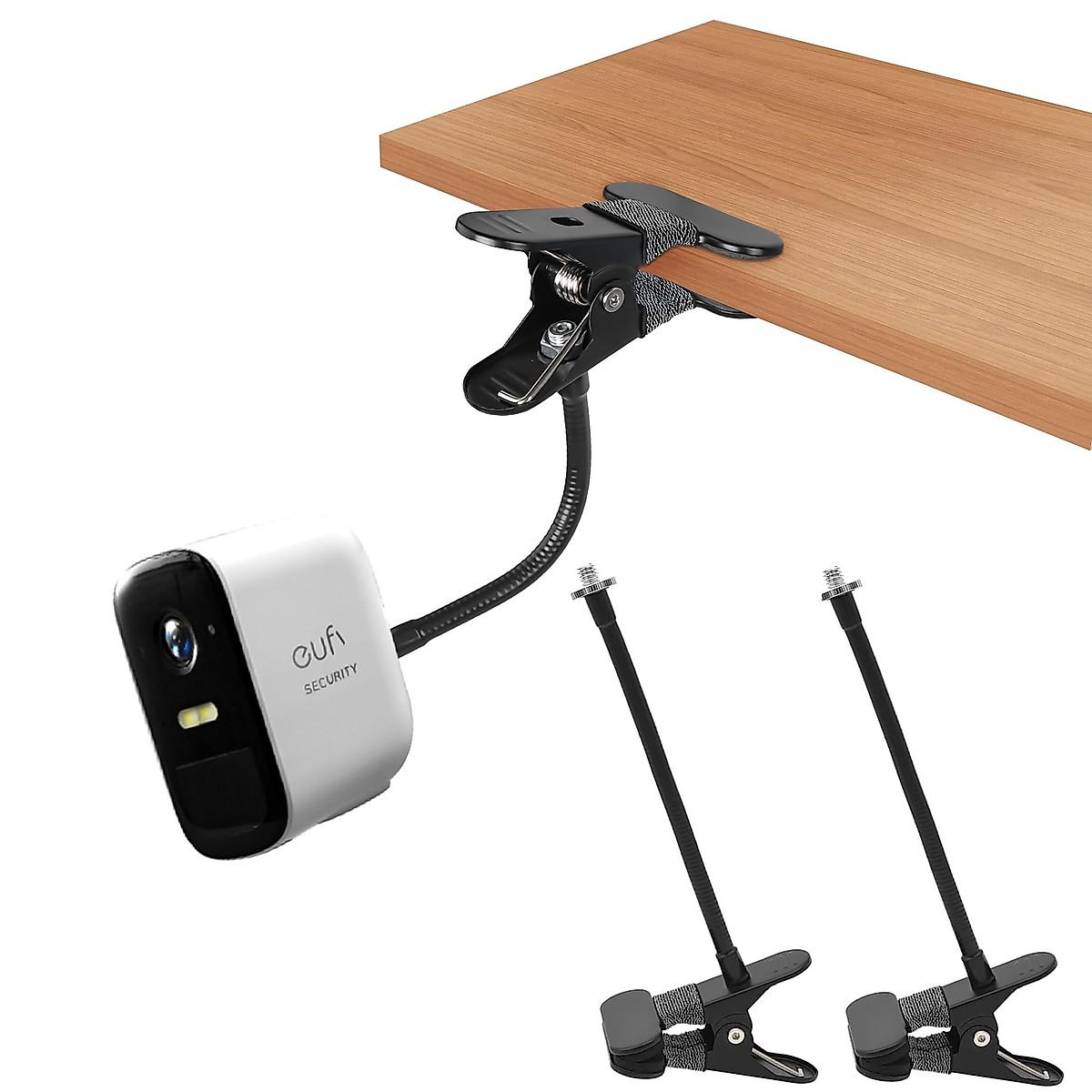 OkeMeeo Gooseneck Clamp Mount for Arlo Pro 4/Pro 3/Pro 2/Essential/eufy/Owlet Duo/Reolink Camera and More on Gutter,Window Guard,Tree(No Drill,Black, 2 Pack)