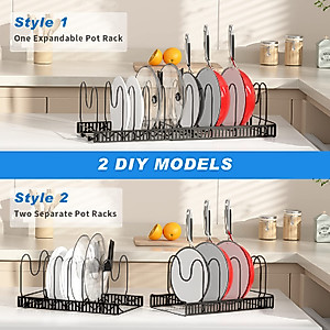 Pot Rack Organizer for Under Cabinet-Expandable Pots and Pans Organizer with 10 Dividers & 2 DIY Methods,Pots Lid Organizer Holder for Kitchen Cookware,Cookie Sheet Organizer Rack for Cabinet