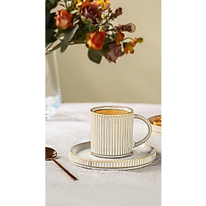 famiware Star Espresso Cups and Saucers Set of 4, [ Mini ] 3 oz Ceramic Small Coffee Mug with Handle, Ribbed Stoneware Demitasse Cup for Tea, Latte - Microwave & Dishwasher Safe - Cappuccino White