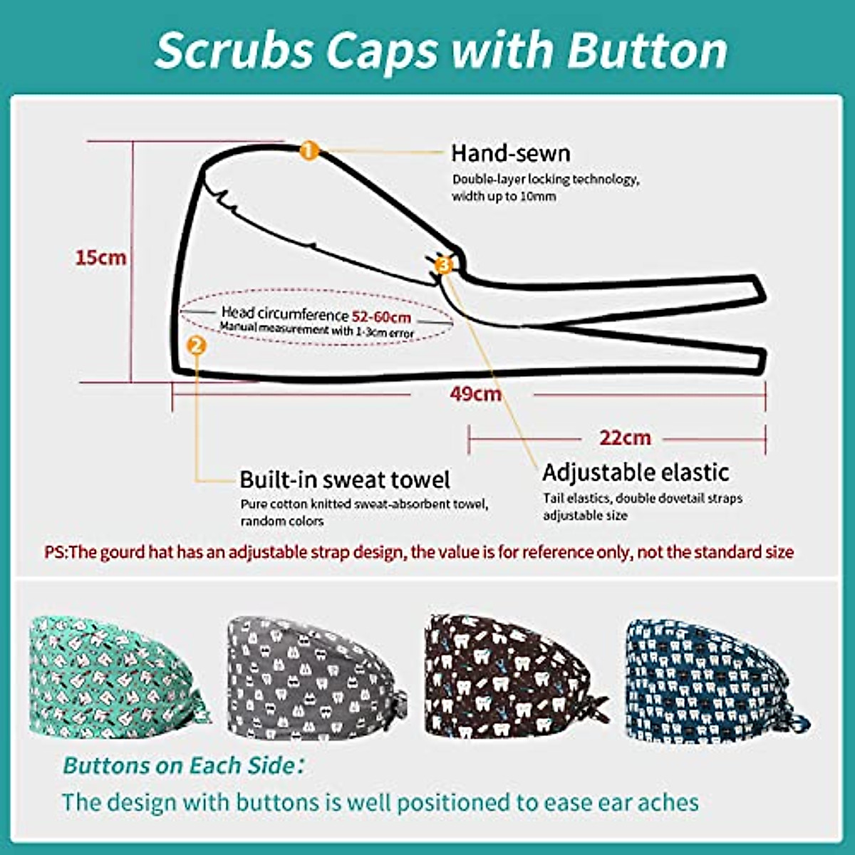 VIAOLI Dental Scrub Caps Women with Buttons Dentist Hat Working Cap Scrub Caps Nurses Hair Cover Cotton Doctor Hats