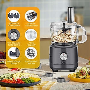 Davivy Food Processor 7 Cup, Built-in Storage Drawer Small Food Processors with 10 set blades,French fry cutting,Wavy slicing for Home Use,3-Speed, Grey,600W