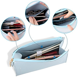 iSuperb Leather Pencil Pouch PU Pencil Case with Zipper Pen Bag Make Up Cosmetic Pouch for Office Travel (Blue)
