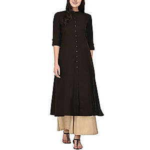 Women's Pure Cotton Plain Tunic Top Front Slit 3/4 Sleeves Roll-UP Chinese Neck Buttons Down Pocket Long Kurti Kurta Black