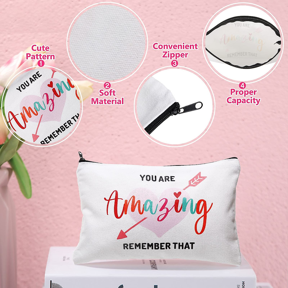 Chunful 10 Pieces Inspirational Canvas Makeup Bags for Women Bulk Rainbow Canvas Makeup Bags Cosmetic Bag with Zipper Friendship Gift Travel Toiletry Bag Pouch(Heart Style)