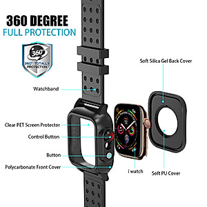 Realproof Waterproof Case for Apple Watch Series SE | SE2 | 6 | 5 | 4 44MM with 3PCS Premium Soft Silicone Band, Dropproof Shockproof Resistant Rugged Protective iWatch Case Bulit-in Screen Protector