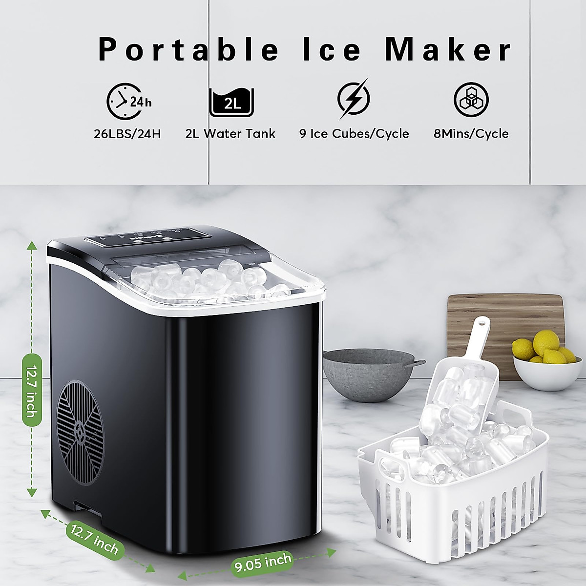 Zvoutte Portable Countertop Ice Maker Machine - Self-Cleaning Ice Makers with Ice Scoop and Basket, 9 Cubes in 8-10 mins, 26 lbs/24 Hours, for Home/Kitchen/Bar/Office/Camping (Black)