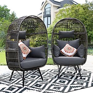 NICESOUL® 2Pcs Outdoor Wicker Furniture Set, PE Rattan Woven Lounge stationary egg chairs with legs, Boho style Double Chair Loveseat Conversation Set of Two Inside Outside Indoor Patio Backyard Beige