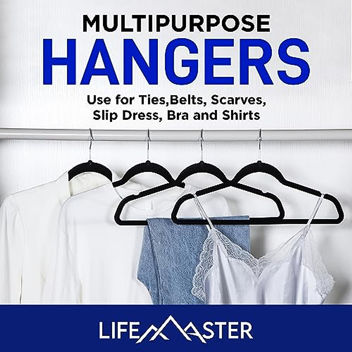 Lifemaster Velvet Non-Slip Plastic Hanger Set - 50 Pieces Non-Slip Clothes Hanger Set with 360° Swivel Hook, Space-Saving, Sleek Design, Smooth Velvet Finish, Lightweight Construction - Black