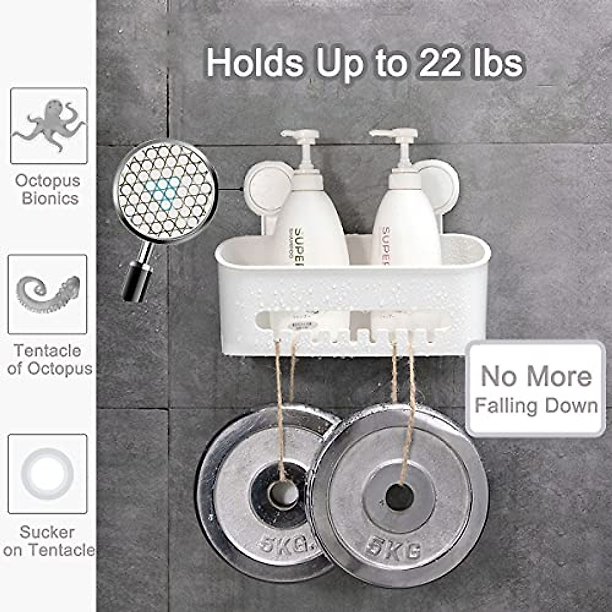 Plastic Shower Caddy Suction Cup Shower Organizer Basket Bath Shelf, Strong Suction Power Bathroom Caddies with Fence Hooks, Kitchen Rack, Waterproof, Oilproof, Reusable, for Shampoo, Gel