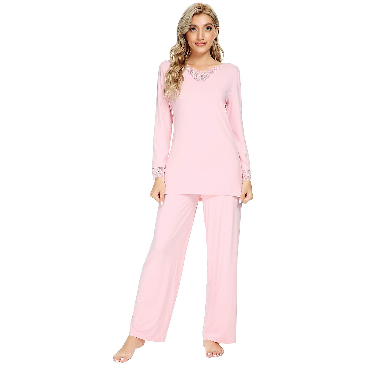 WiWi Viscose from Bamboo Pajamas Sets for Women Long Sleeve Sleepwear Soft V Neck Top with Pants Plus Size Pjs S-4X, Pink, X-Large